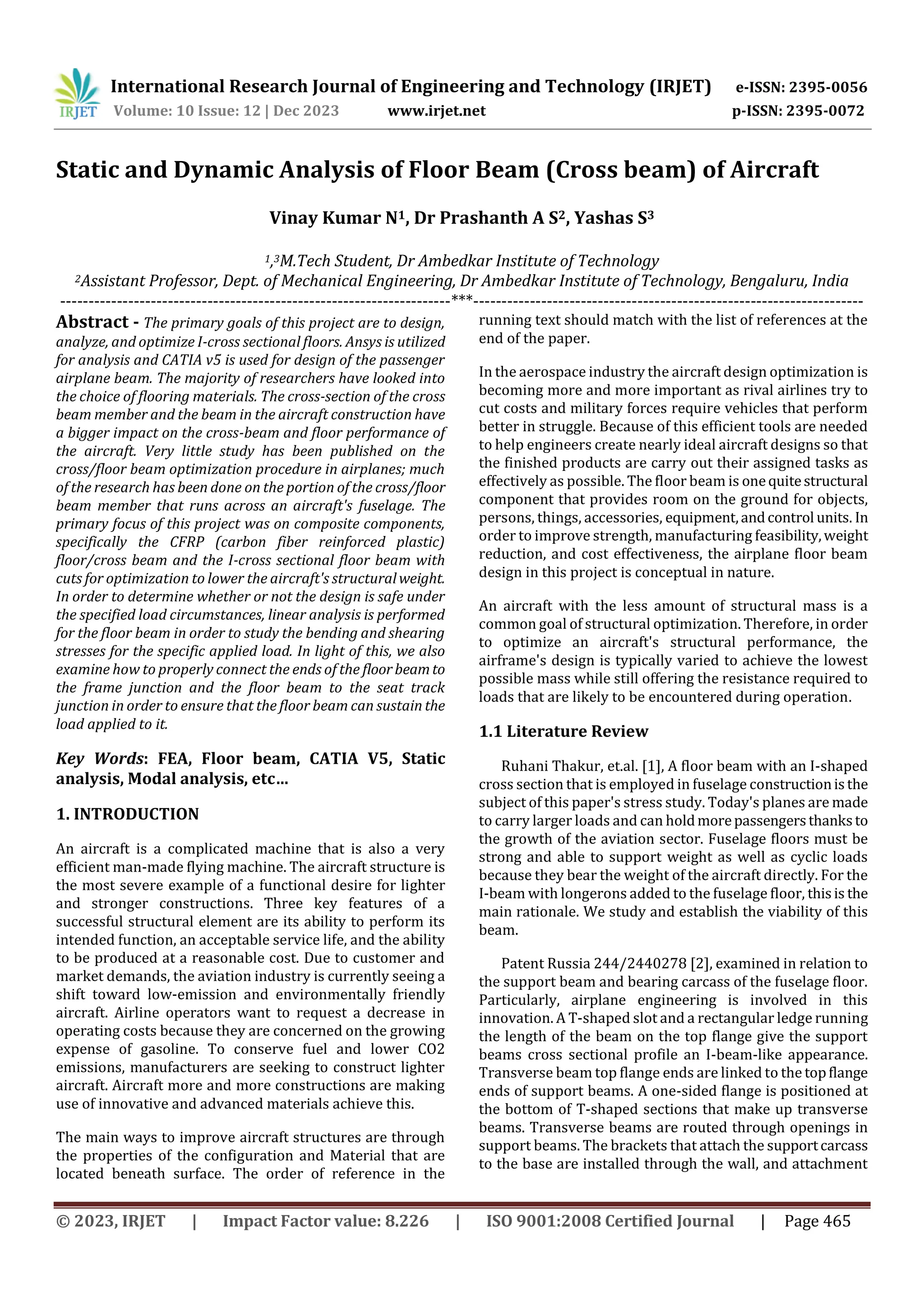 Static and Dynamic Analysis of Floor Beam (Cross beam) of Aircraft ...