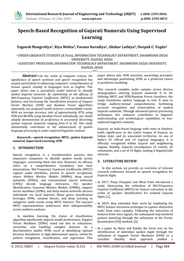 Speech-Based Recognition of Gujarati Numerals Using Supervised Learning | PDF