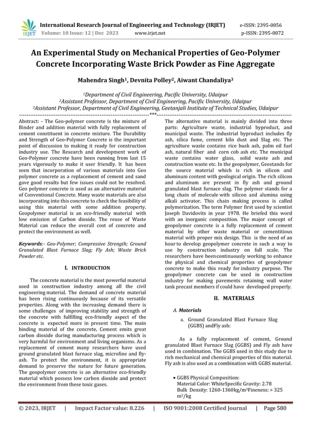 An Experimental Study on Mechanical Properties of Geo-Polymer Concrete ...