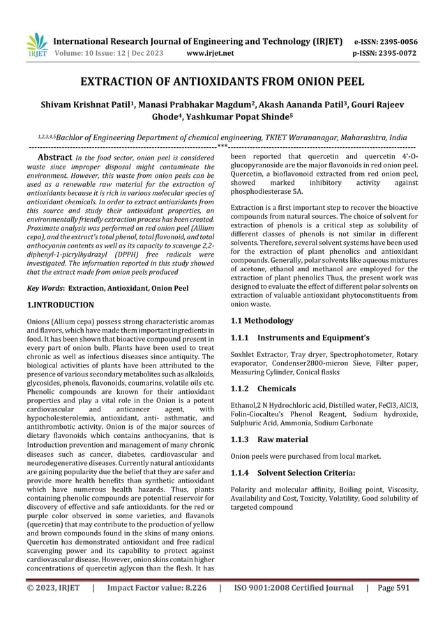 EXTRACTION OF ANTIOXIDANTS FROM ONION PEEL | PDF | Herbs and Supplements | Alternative Medicine