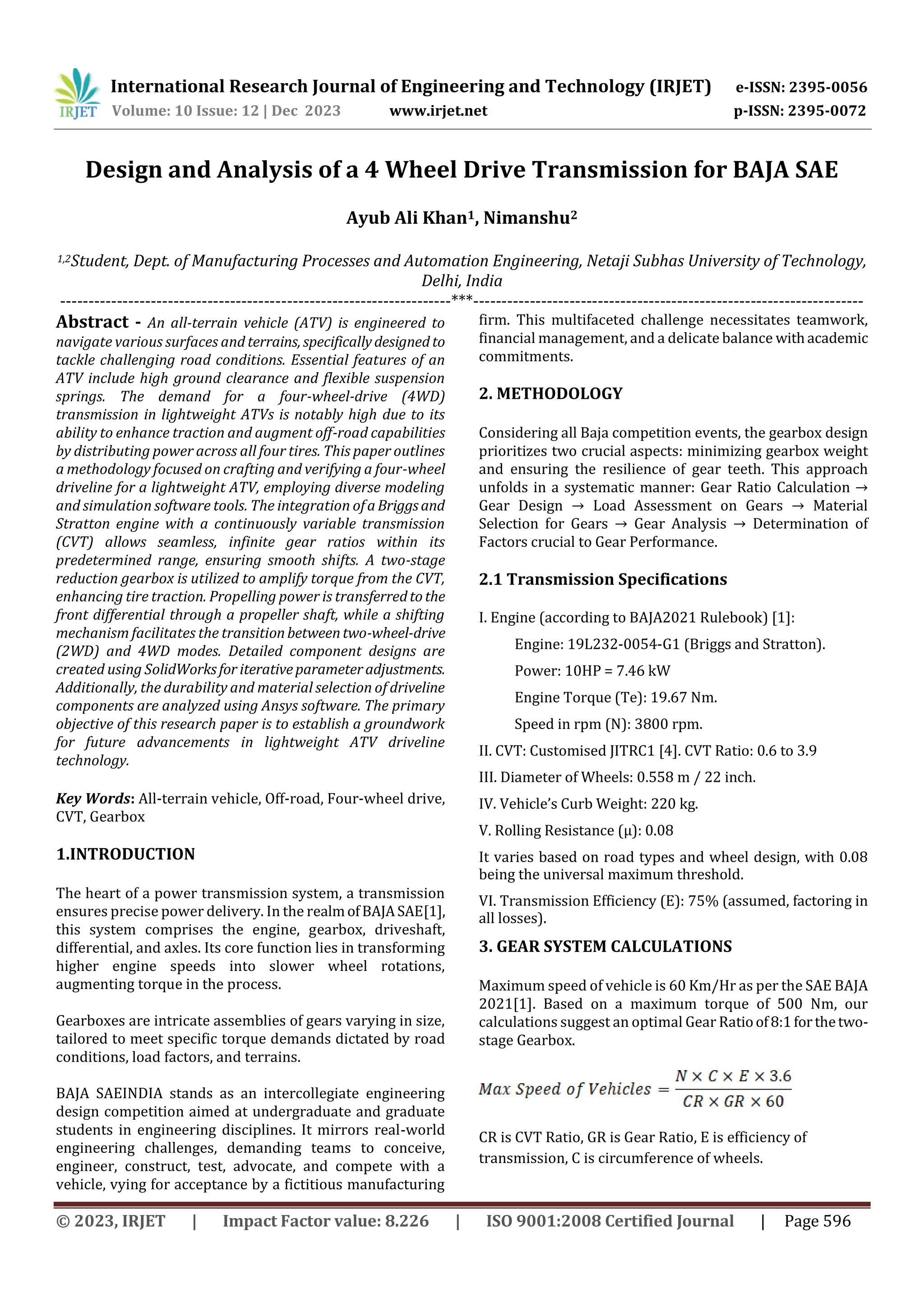 Design and Analysis of a 4 Wheel Drive Transmission for BAJA SAE | PDF