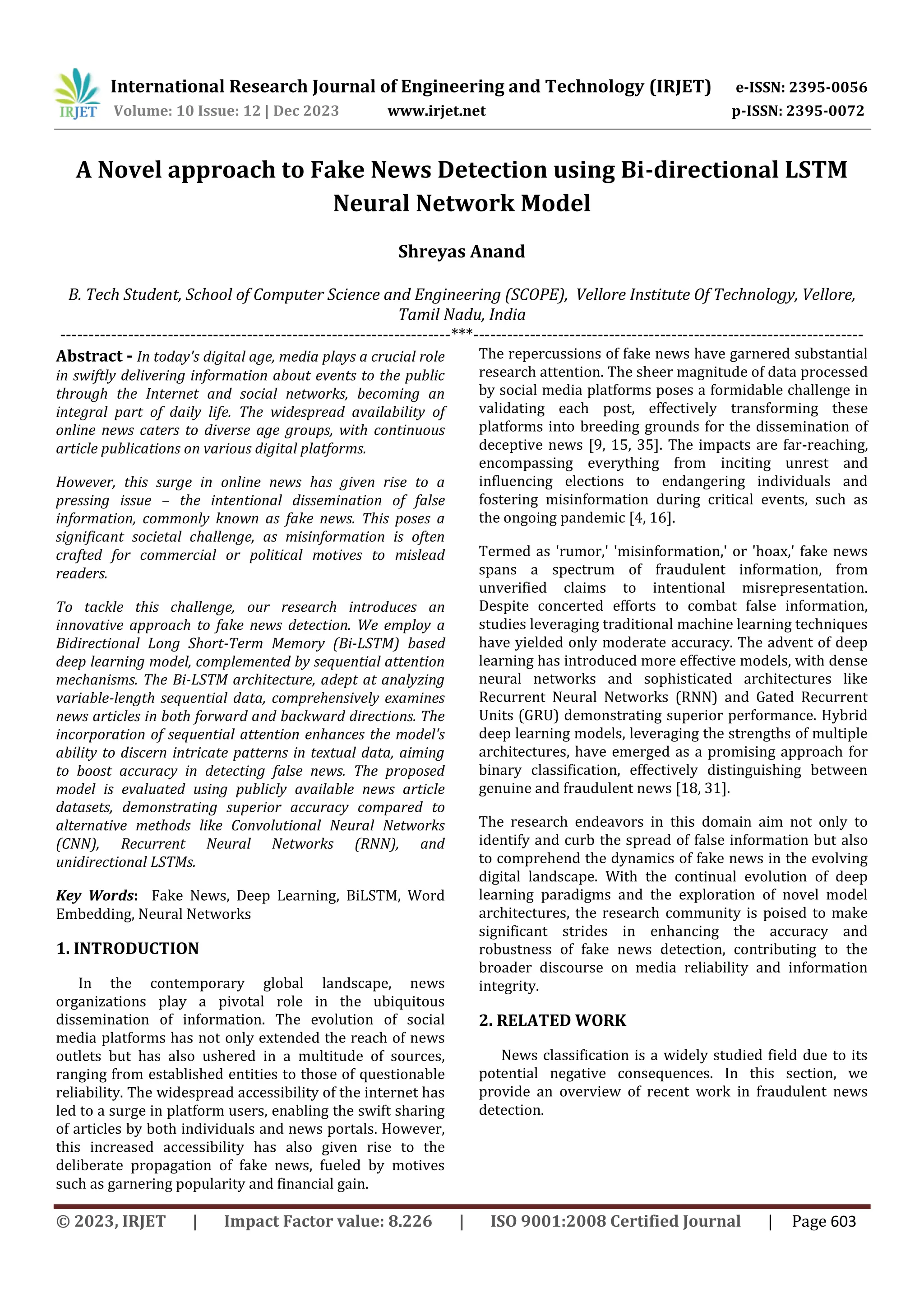 A Novel Approach To Fake News Detection Using Bi Directional Lstm Neural Network Model Pdf
