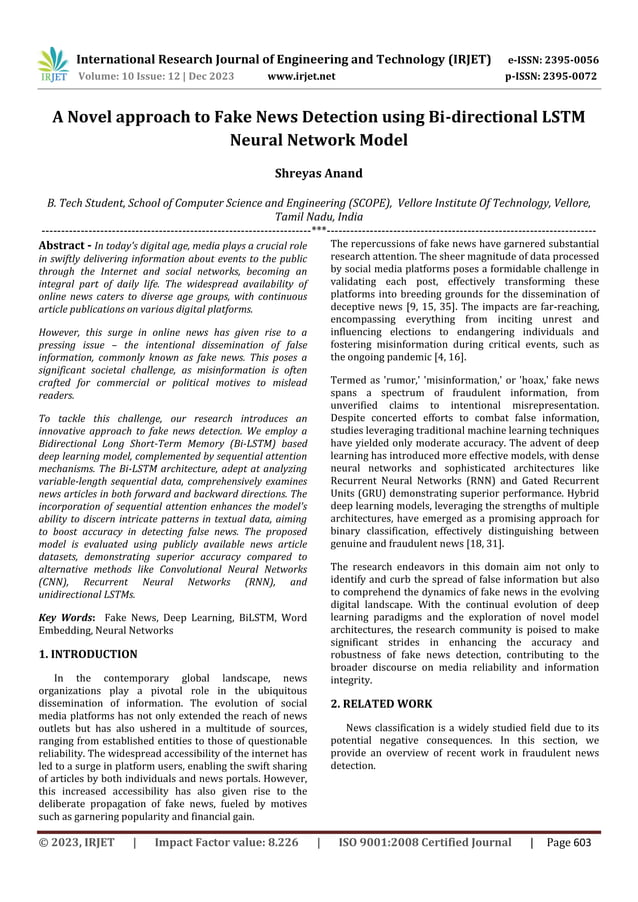 A Novel Approach To Fake News Detection Using Bi Directional Lstm