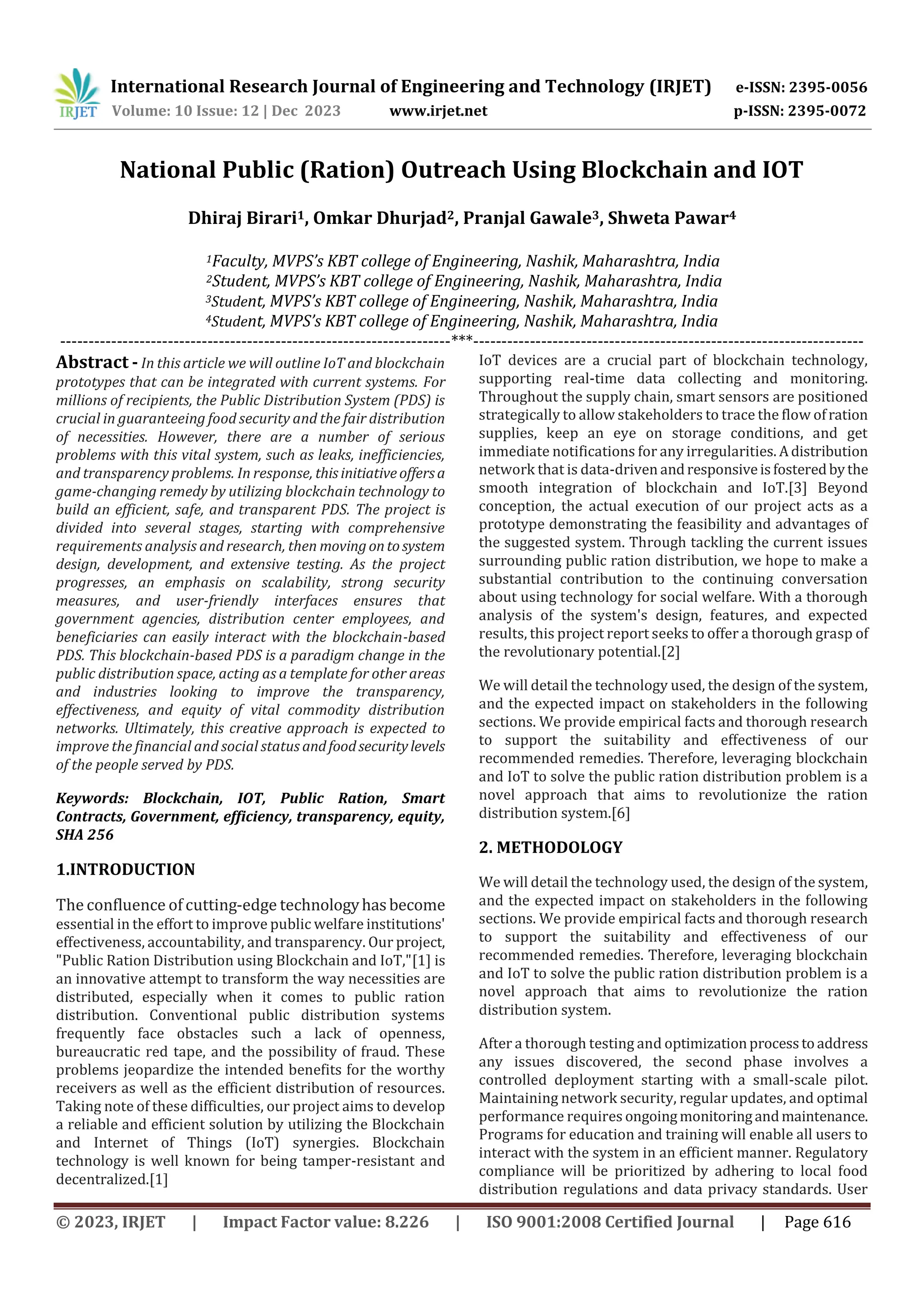 National Public (Ration) Outreach Using Blockchain and IOT | PDF
