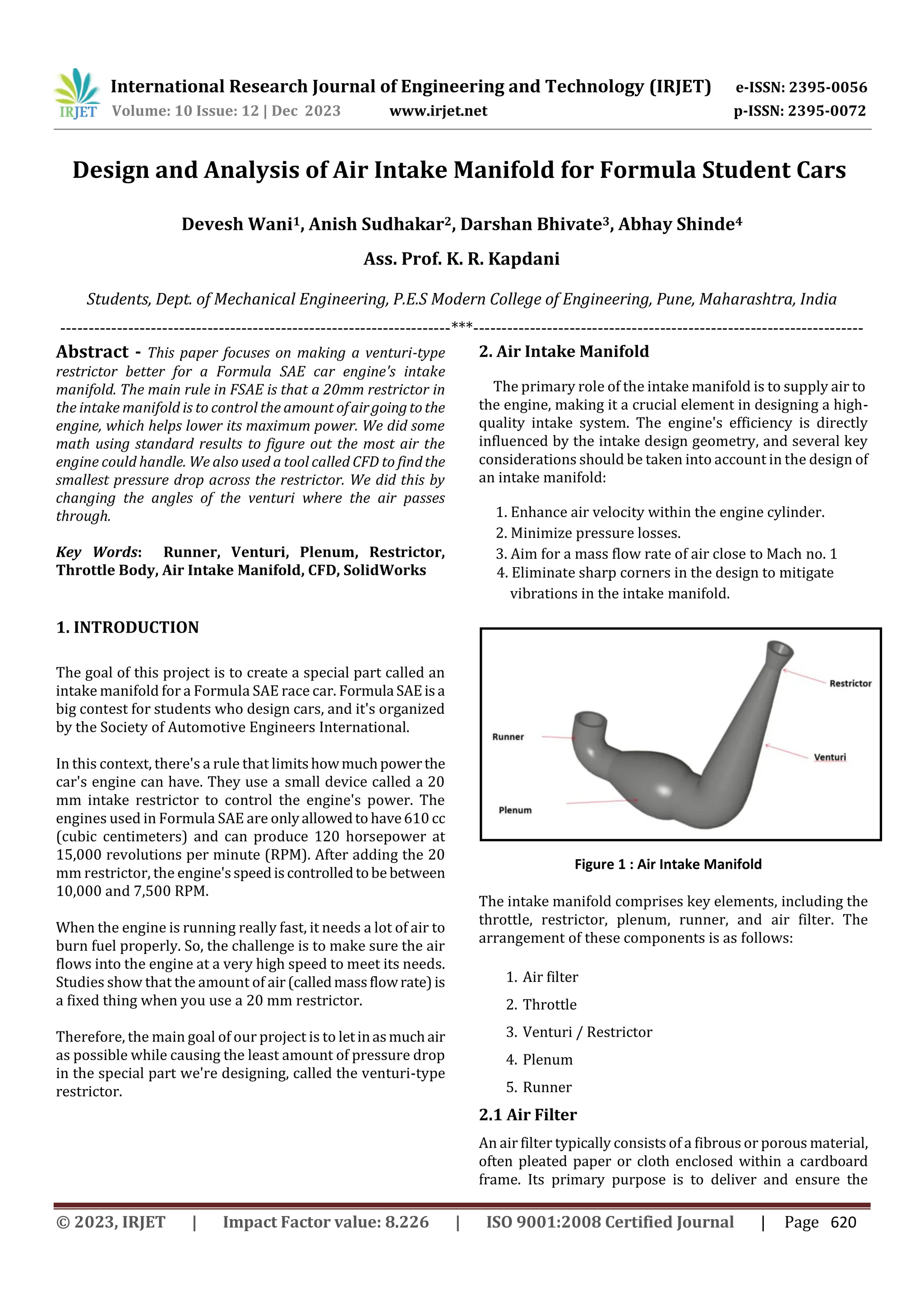 Design and Analysis of Air Intake Manifold for Formula Student Cars | PDF