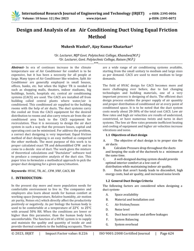 Design and Analysis of an Air Conditioning Duct Using Equal Friction ...