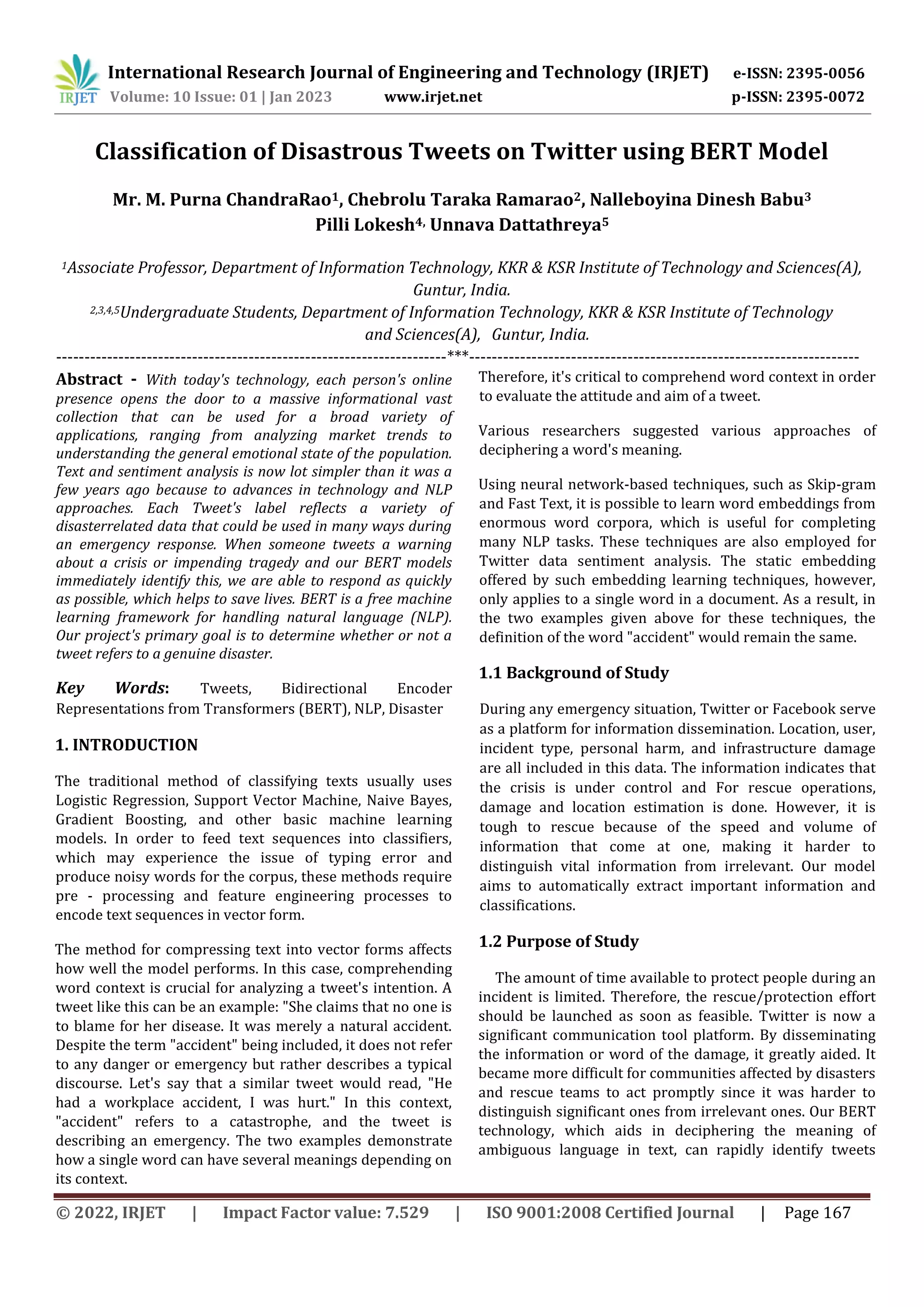 Classification of Disastrous Tweets on Twitter using BERT Model | PDF