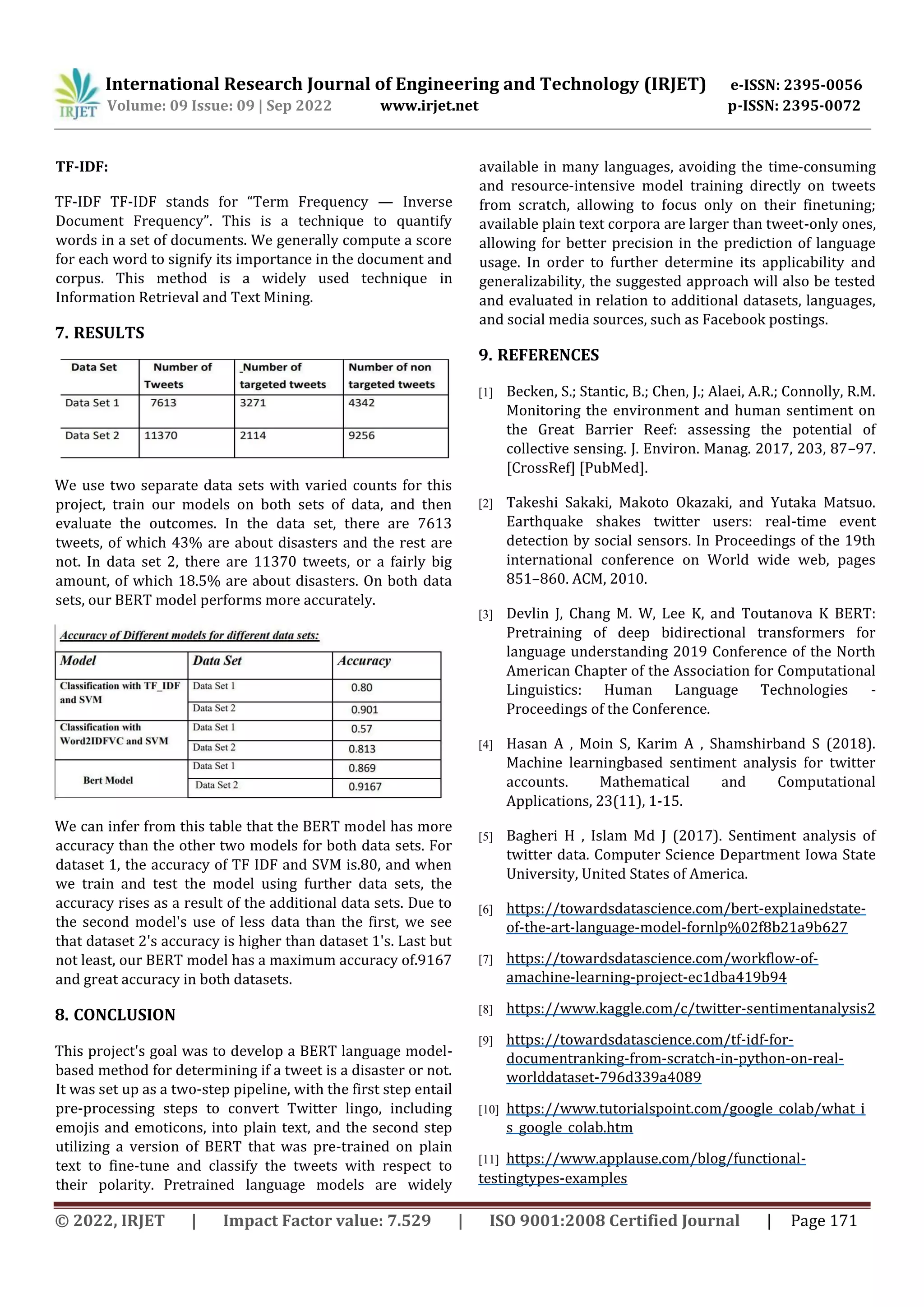 Classification of Disastrous Tweets on Twitter using BERT Model | PDF