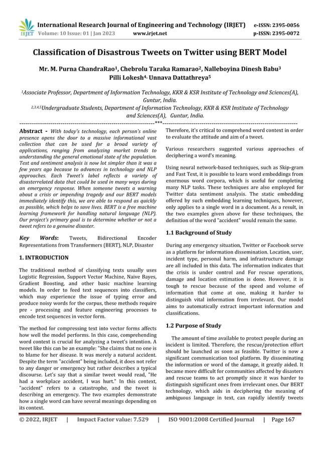 Classification of Disastrous Tweets on Twitter using BERT Model | PDF