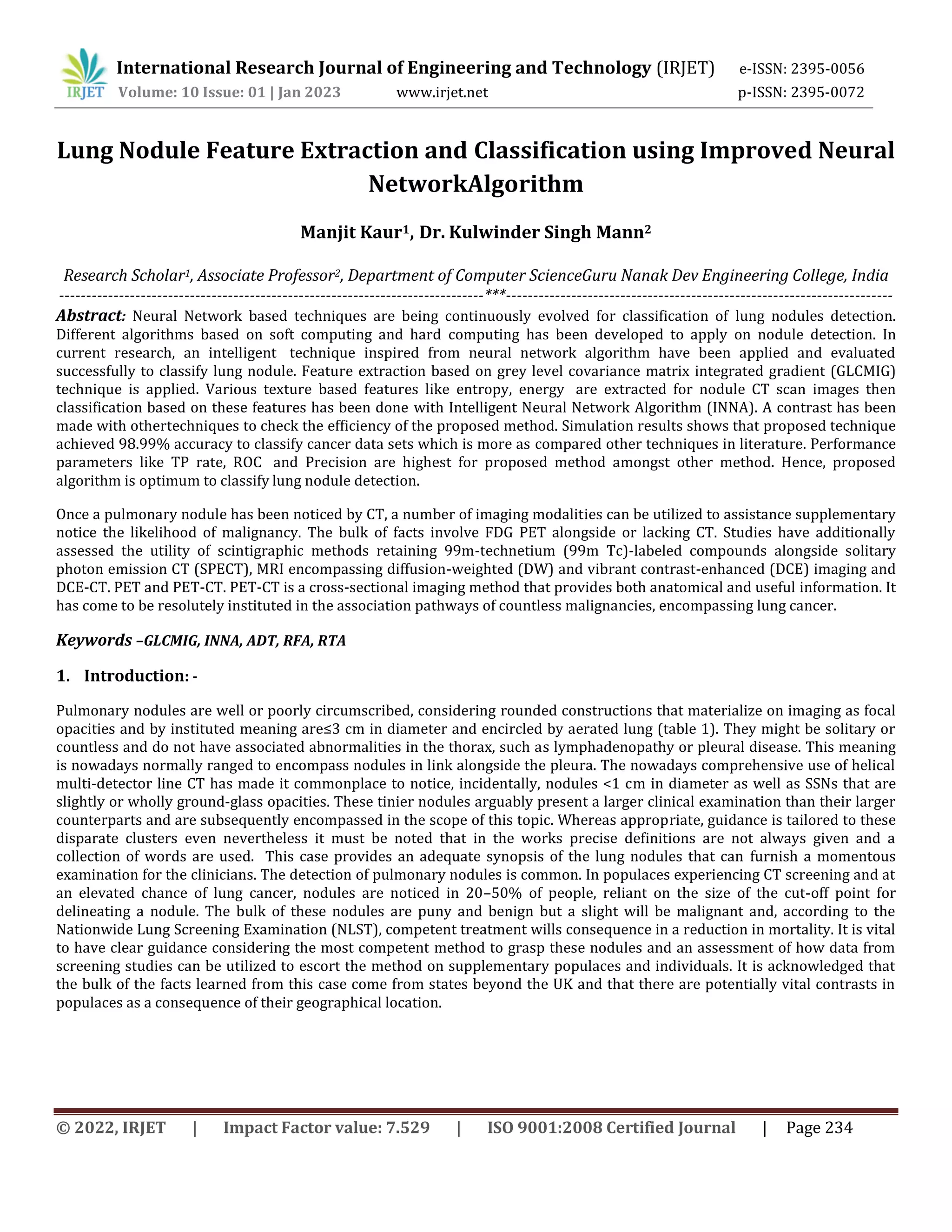 Lung Nodule Feature Extraction And Classification Using Improved Neural Networkalgorithm Pdf