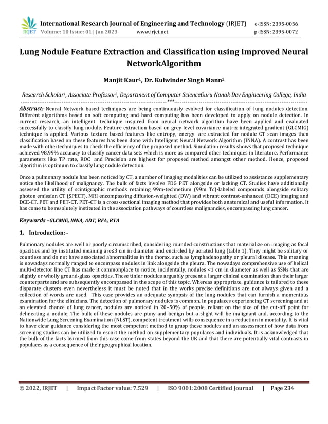 Lung Nodule Feature Extraction and Classification using Improved Neural NetworkAlgorithm | PDF