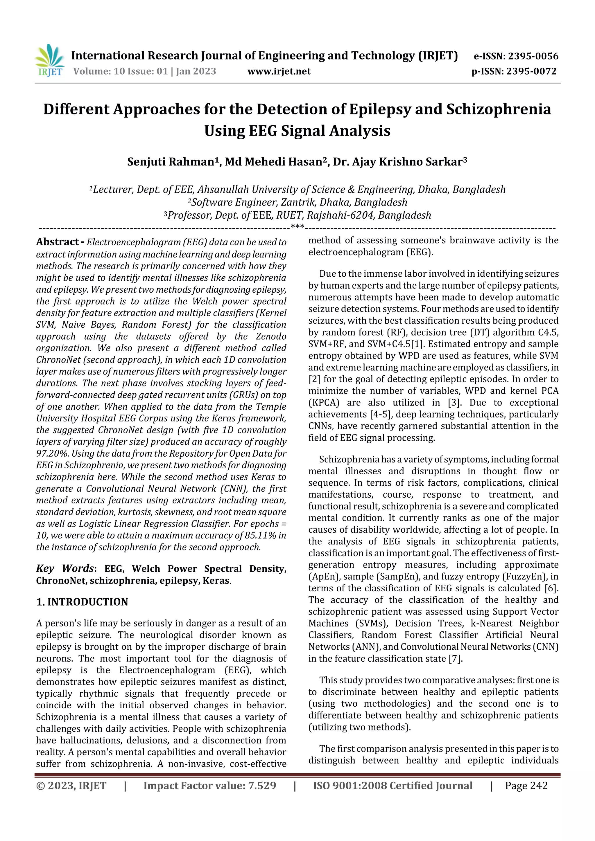 Different Approaches For The Detection Of Epilepsy And Schizophrenia Using Eeg Signal Analysis Pdf
