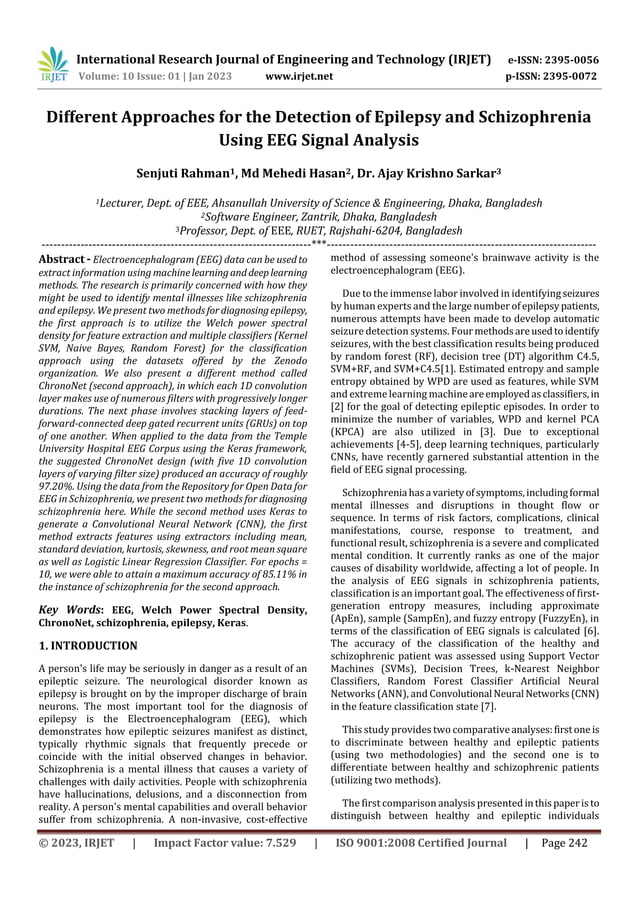 Different Approaches for the Detection of Epilepsy and Schizophrenia Using EEG Signal Analysis | PDF