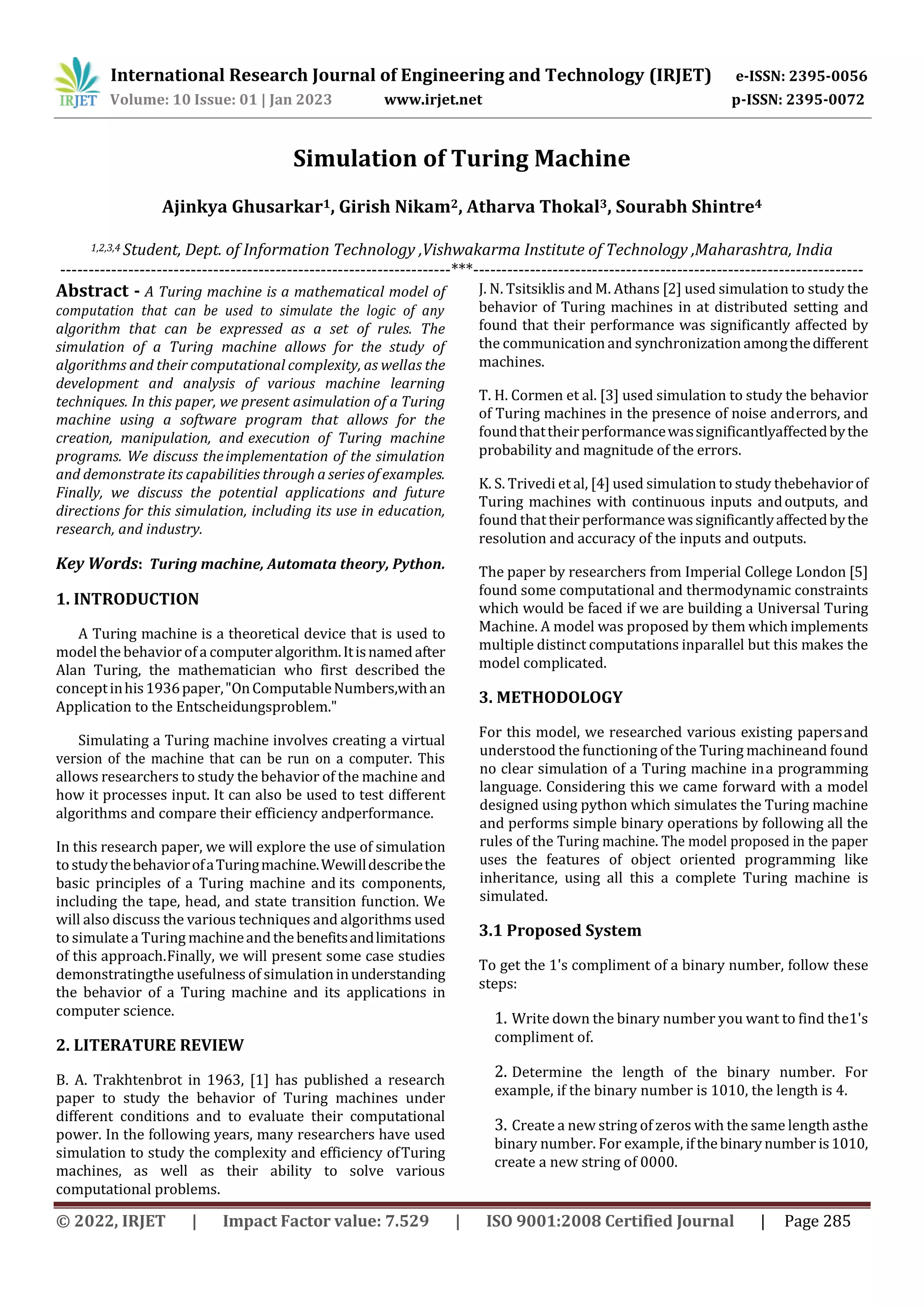 Simulation of Turing Machine | PDF