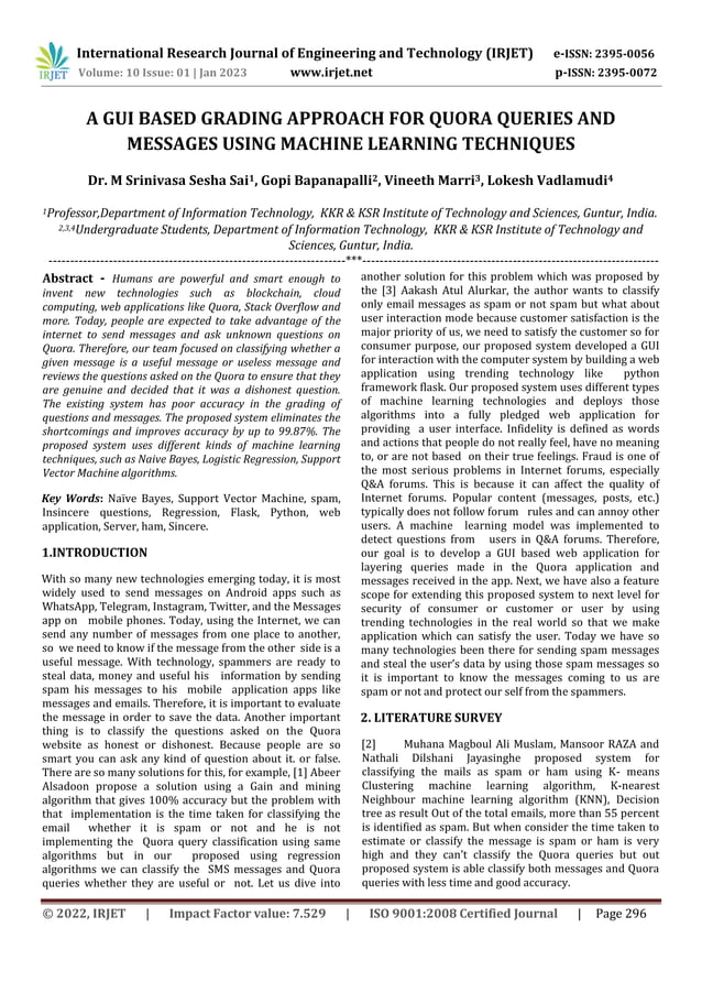 A GUI BASED GRADING APPROACH FOR QUORA QUERIES AND MESSAGES USING MACHINE LEARNING TECHNIQUES | PDF