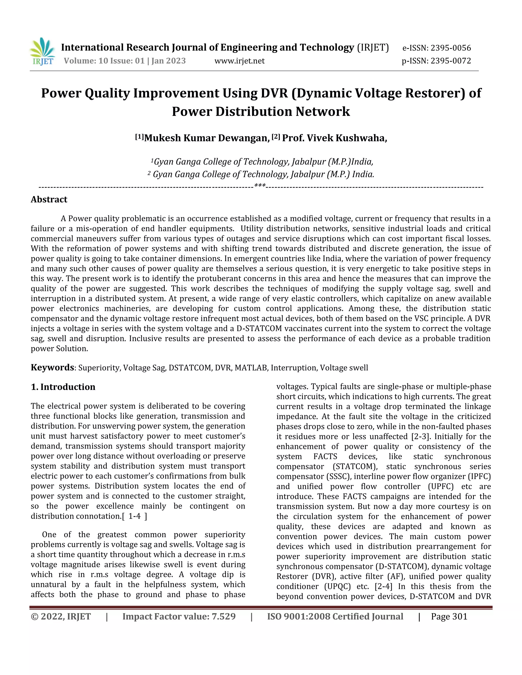 Power Quality Improvement Using DVR (Dynamic Voltage Restorer) of Power Distribution Network | PDF