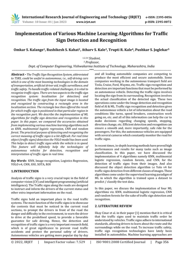 Implementation Of Various Machine Learning Algorithms For Traffic Sign Detection And Recognition