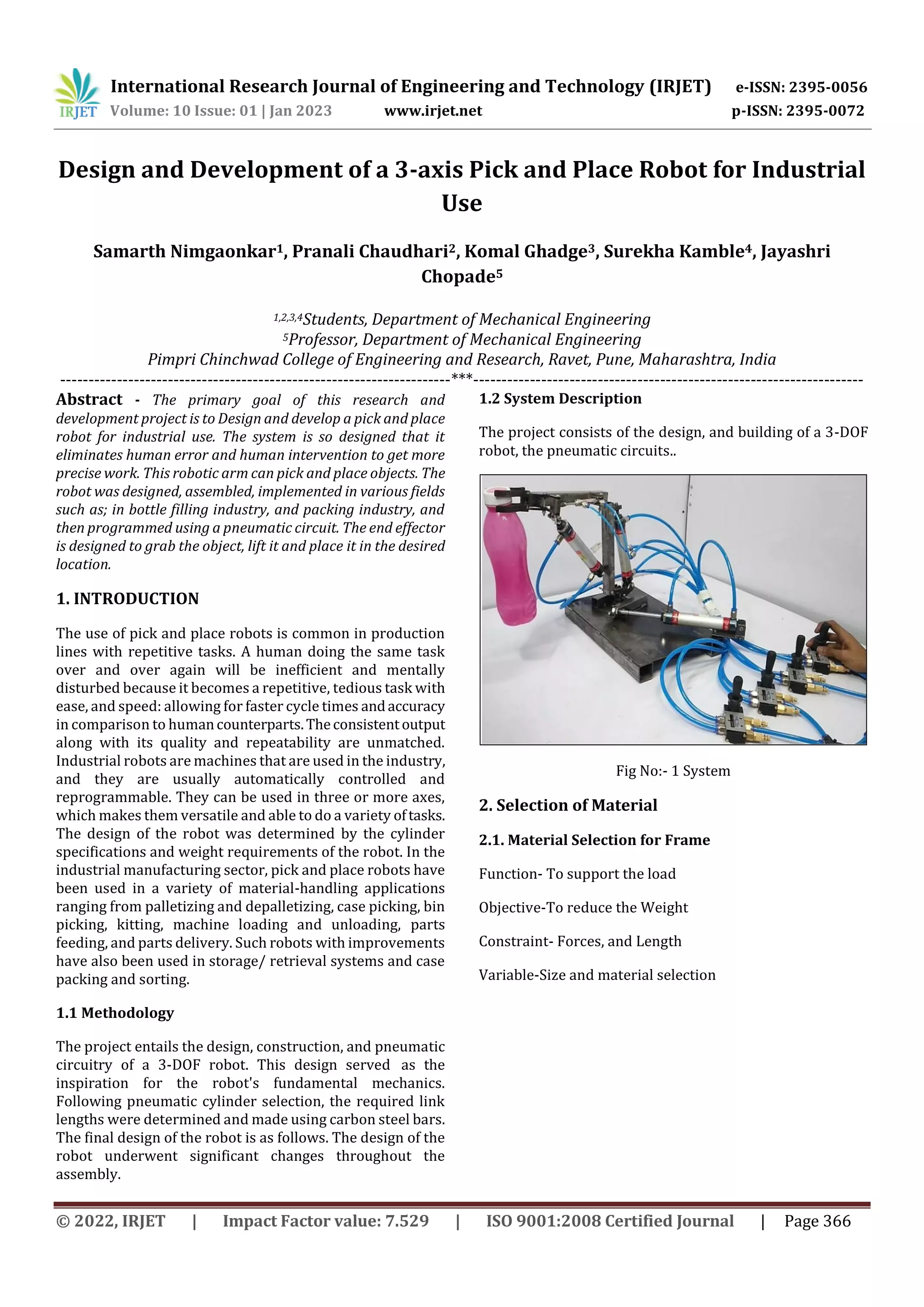 Design and Development of a 3-axis Pick and Place Robot for Industrial Use | PDF