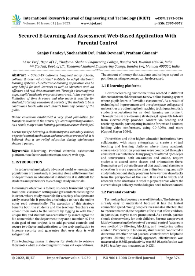 Secured E-Learning And Assessment Web-Based Application With Parental Control | PDF