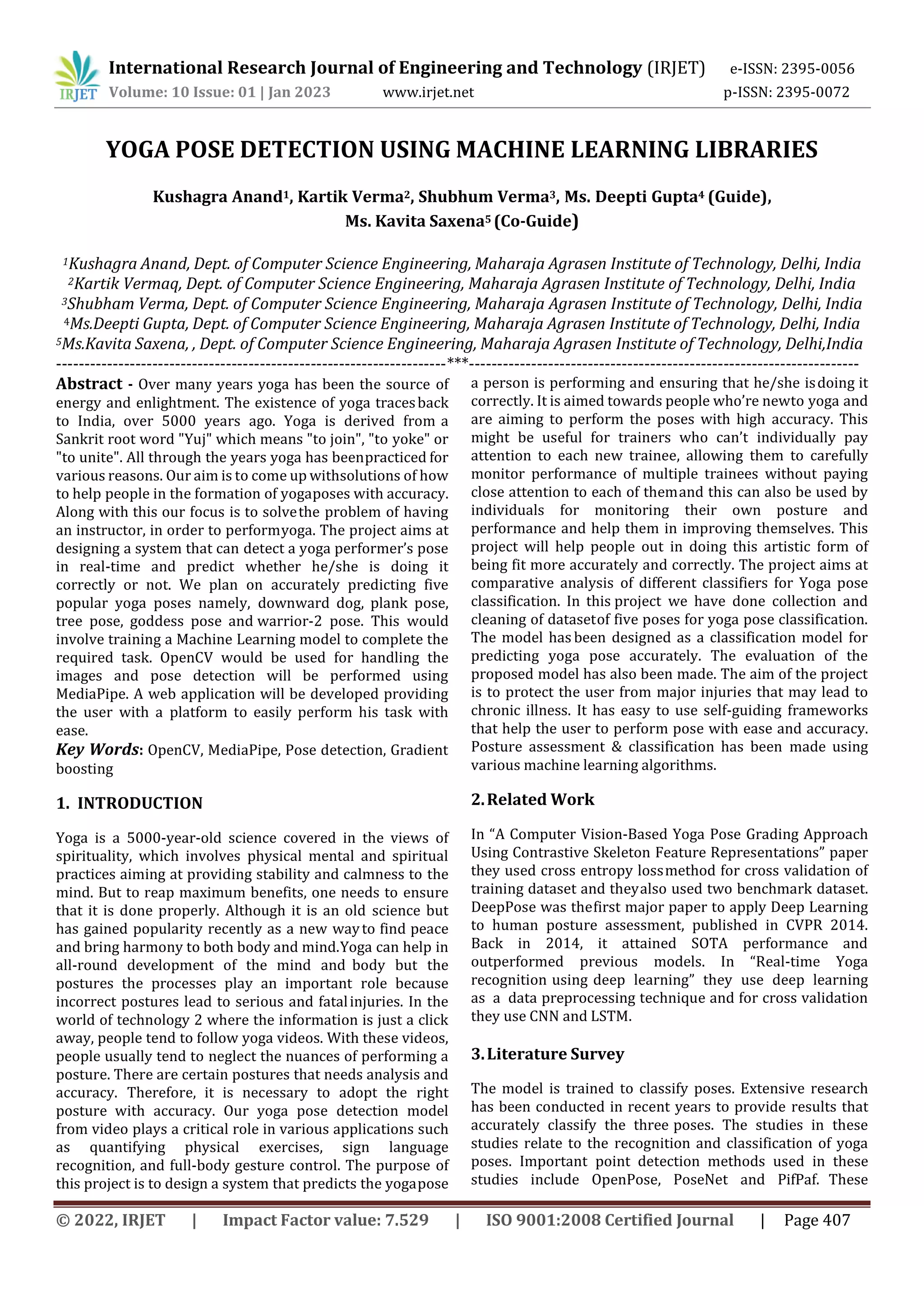 YOGA POSE DETECTION USING MACHINE LEARNING LIBRARIES | PDF