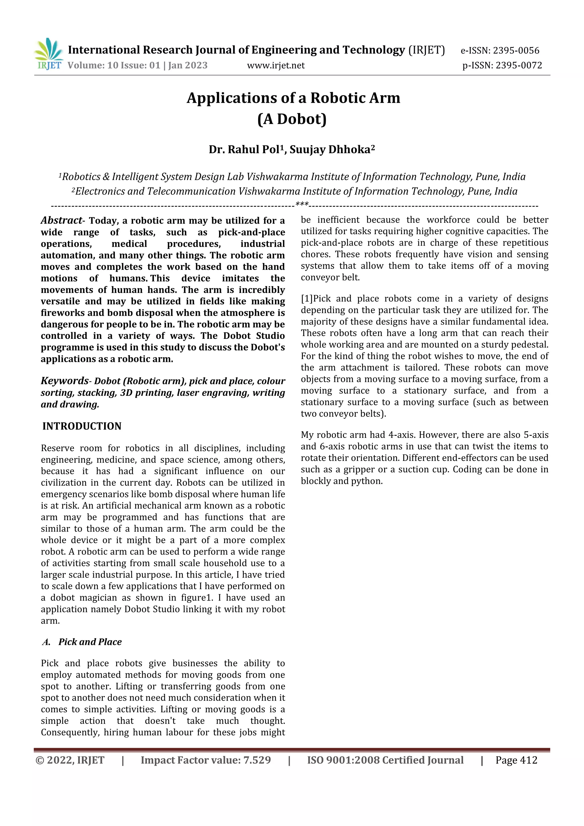 Applications of a Robotic Arm (A Dobot) | PDF