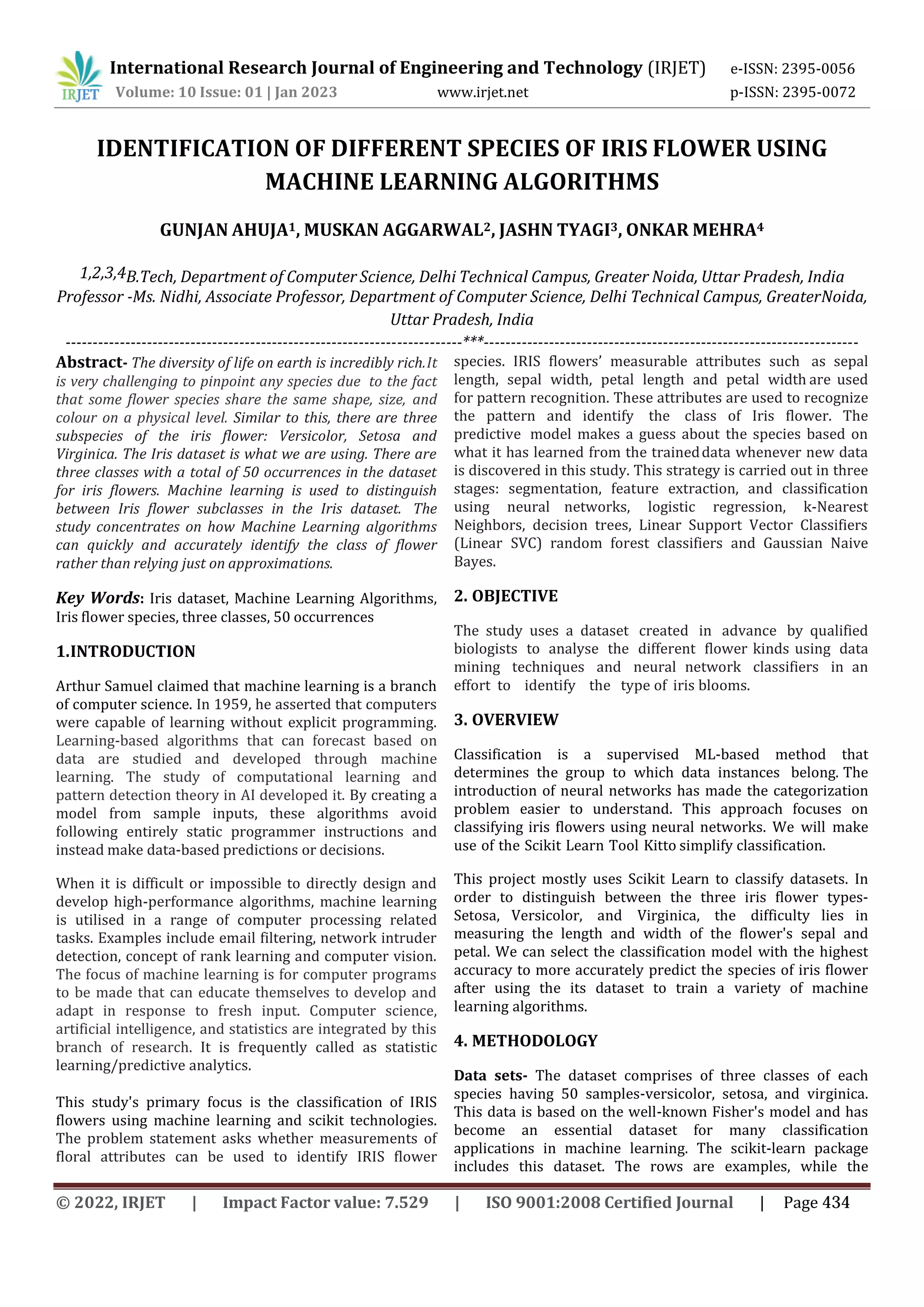 IDENTIFICATION OF DIFFERENT SPECIES OF IRIS FLOWER USING MACHINE LEARNING ALGORITHMS | PDF