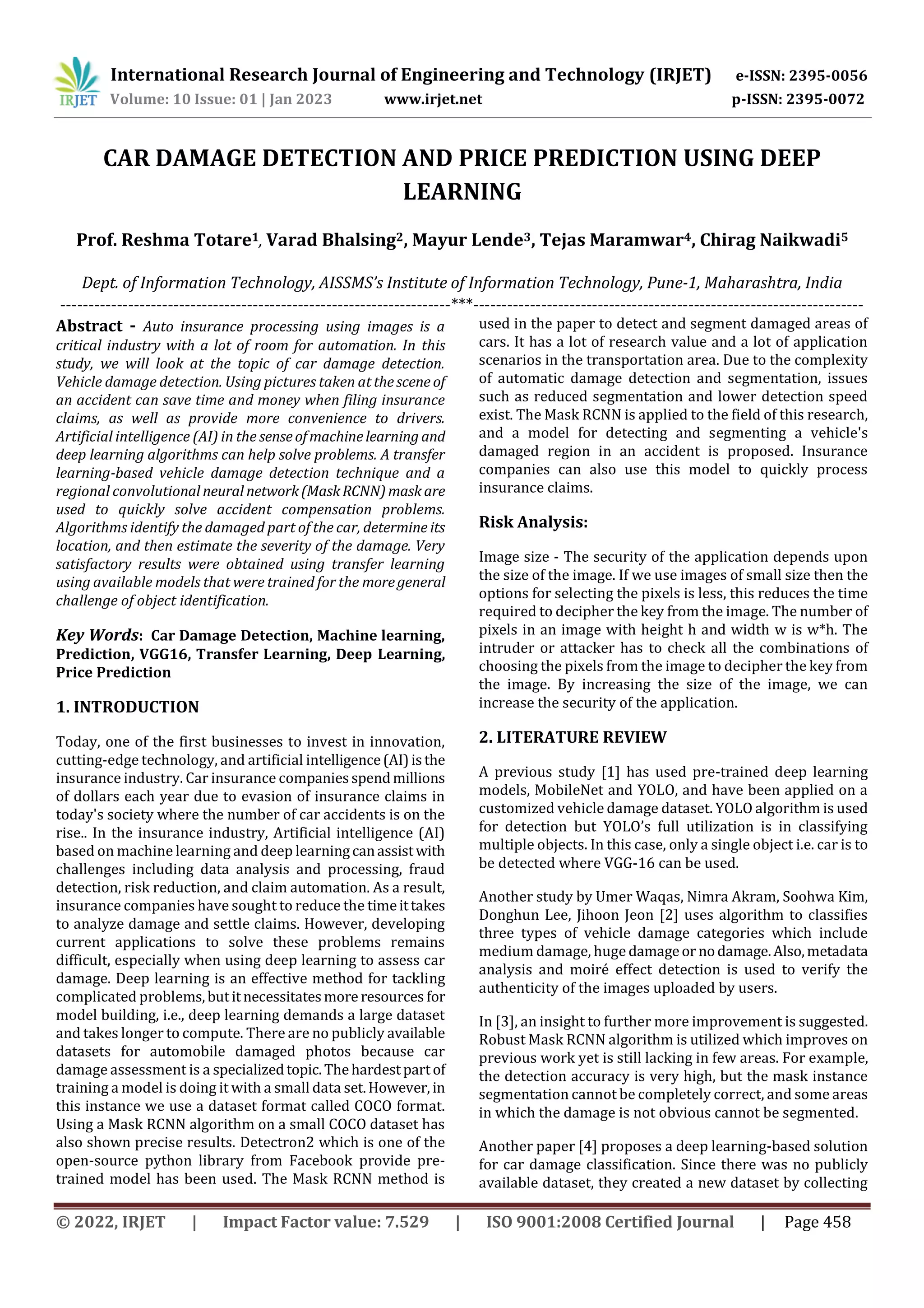 CAR DAMAGE DETECTION AND PRICE PREDICTION USING DEEP LEARNING | PDF