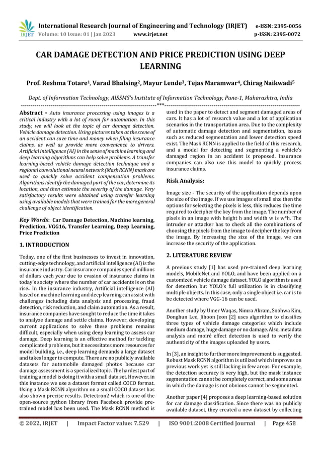 CAR DAMAGE DETECTION AND PRICE PREDICTION USING DEEP LEARNING | PDF