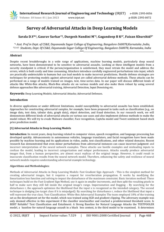 Survey of Adversarial Attacks in Deep Learning Models | PDF | Information and Network Security ...