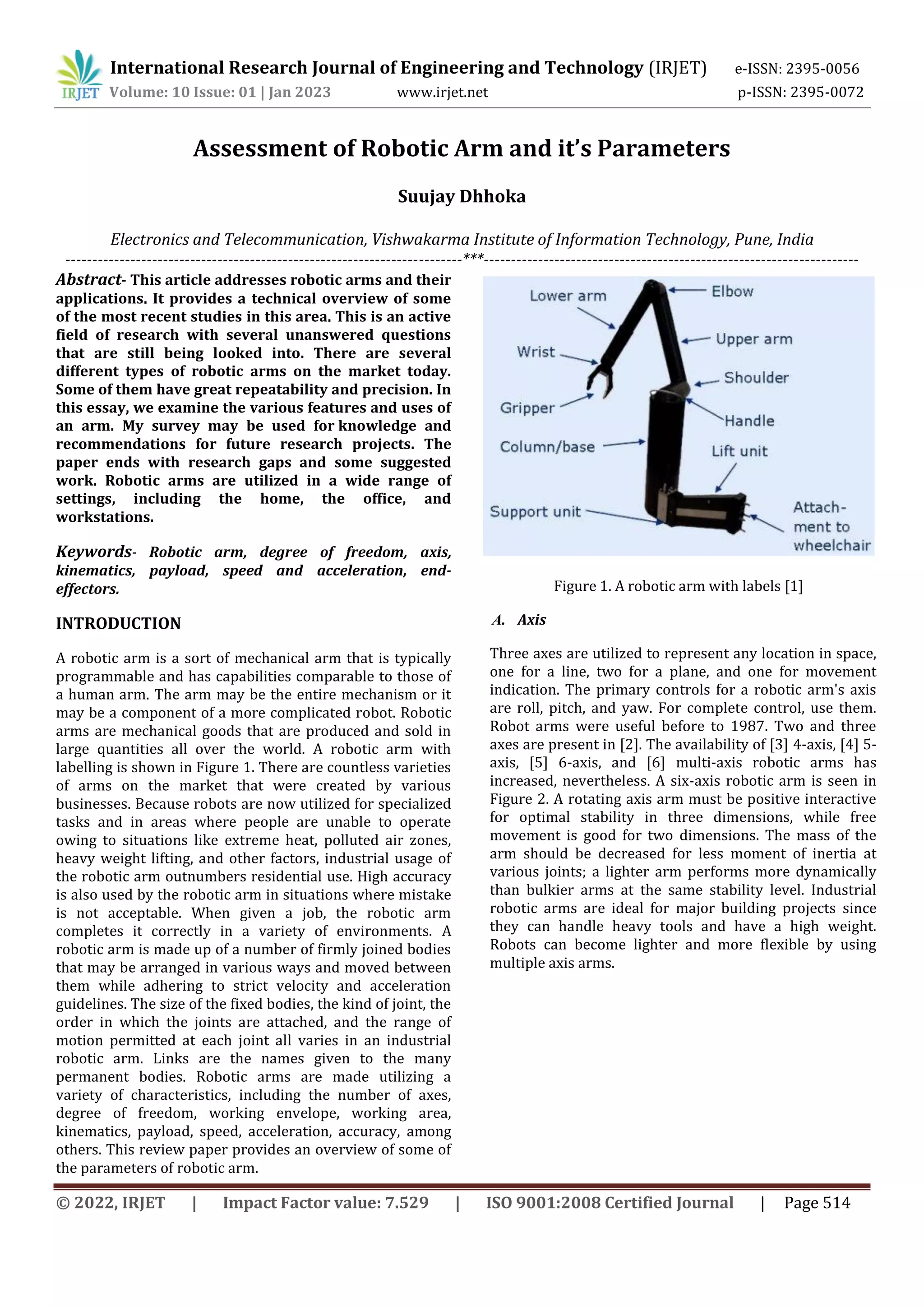 Assessment of Robotic Arm and it’s Parameters | PDF | Robotics | Technology & Computing