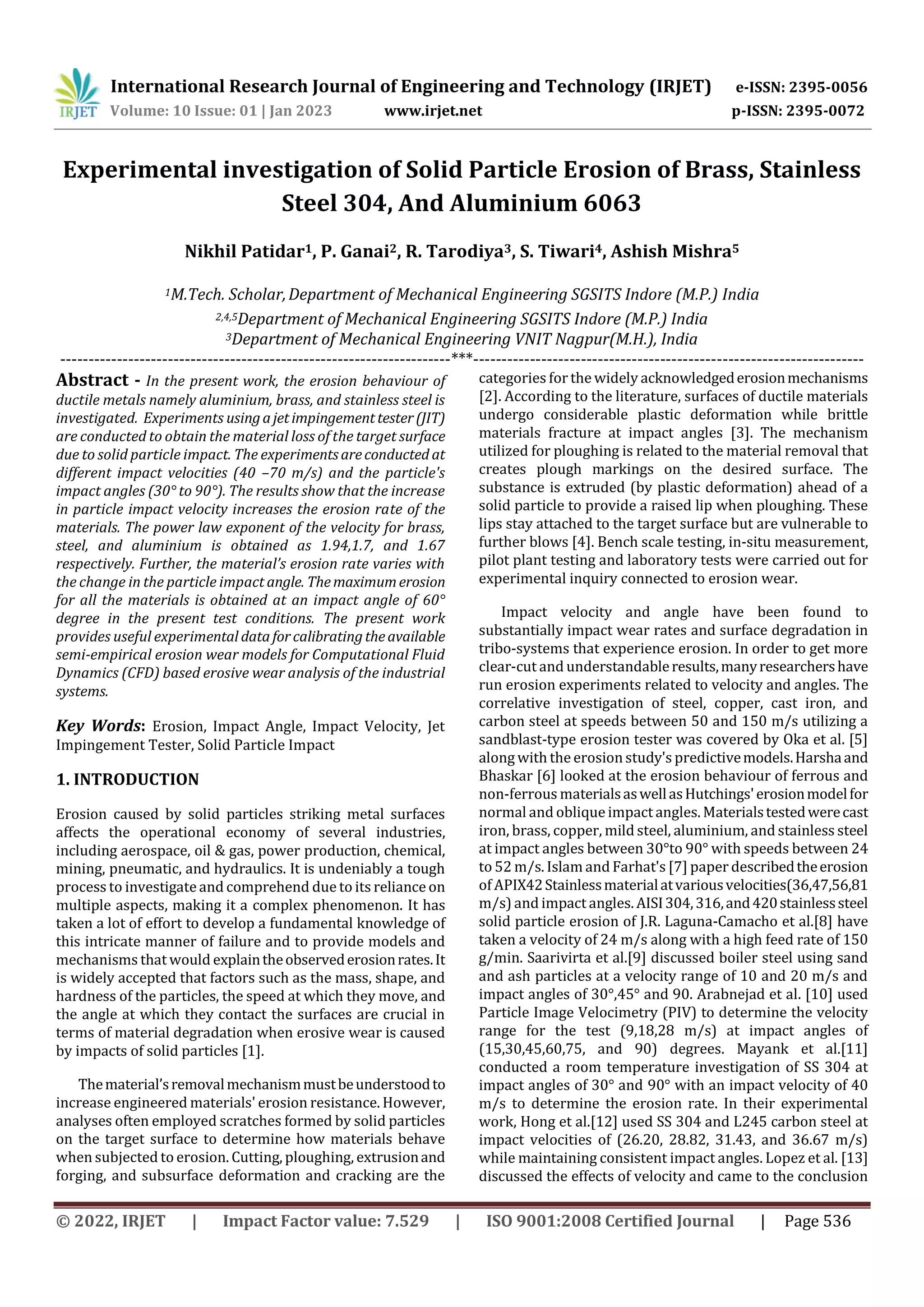 Experimental investigation of Solid Particle Erosion of Brass ...