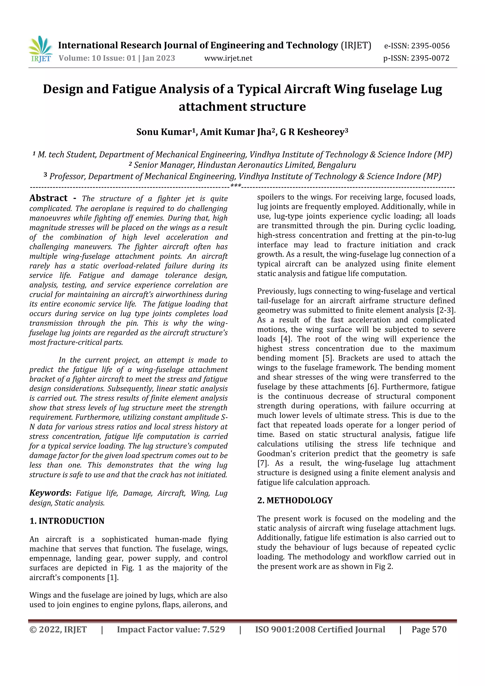 Design and Fatigue Analysis of a Typical Aircraft Wing fuselage Lug ...