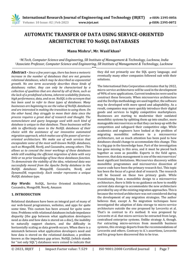AUTOMATIC TRANSFER OF DATA USING SERVICE-ORIENTED ARCHITECTURE TO NoSQL DATABASES | PDF
