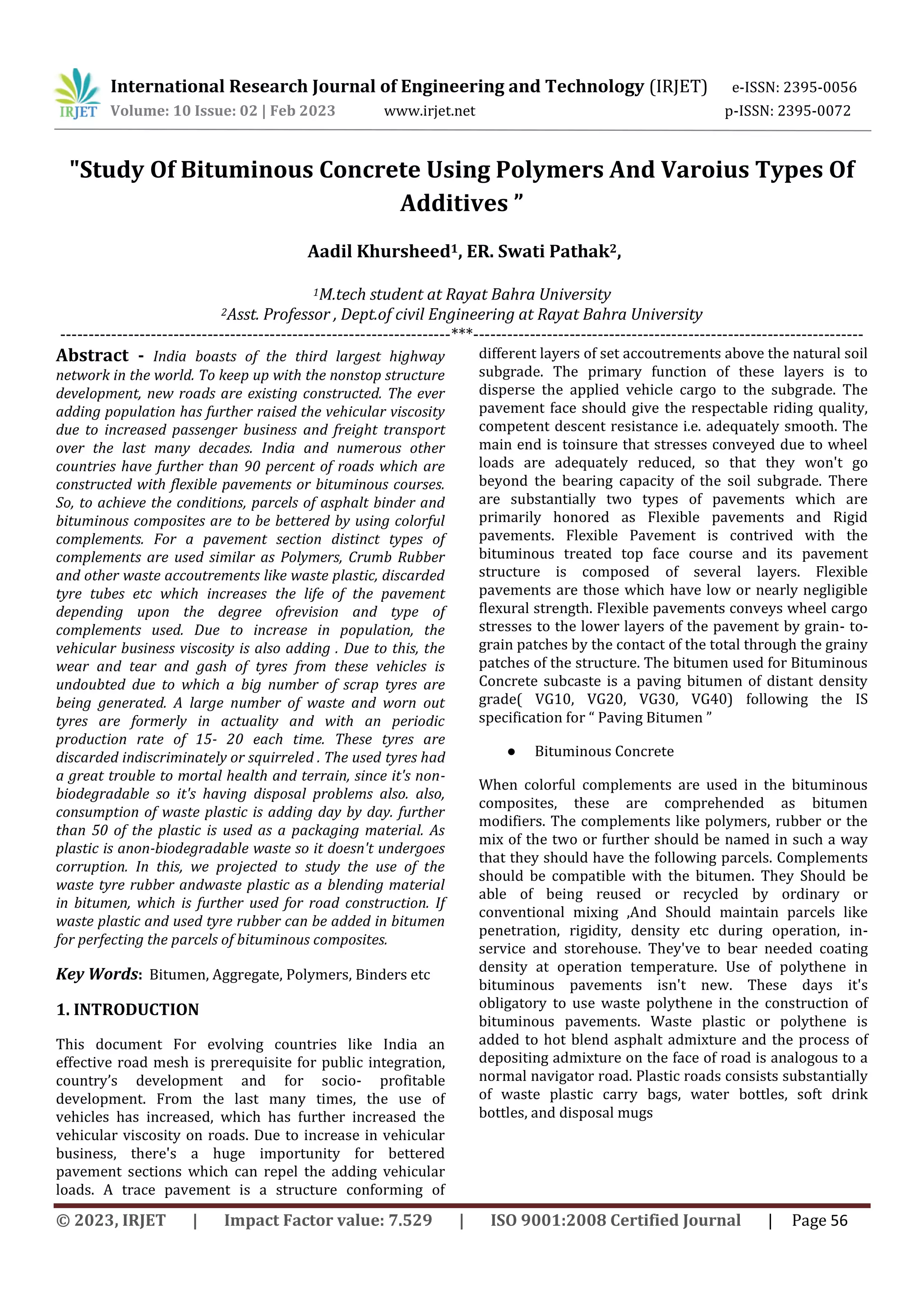 "Study Of Bituminous Concrete Using Polymers And Varoius Types Of ...