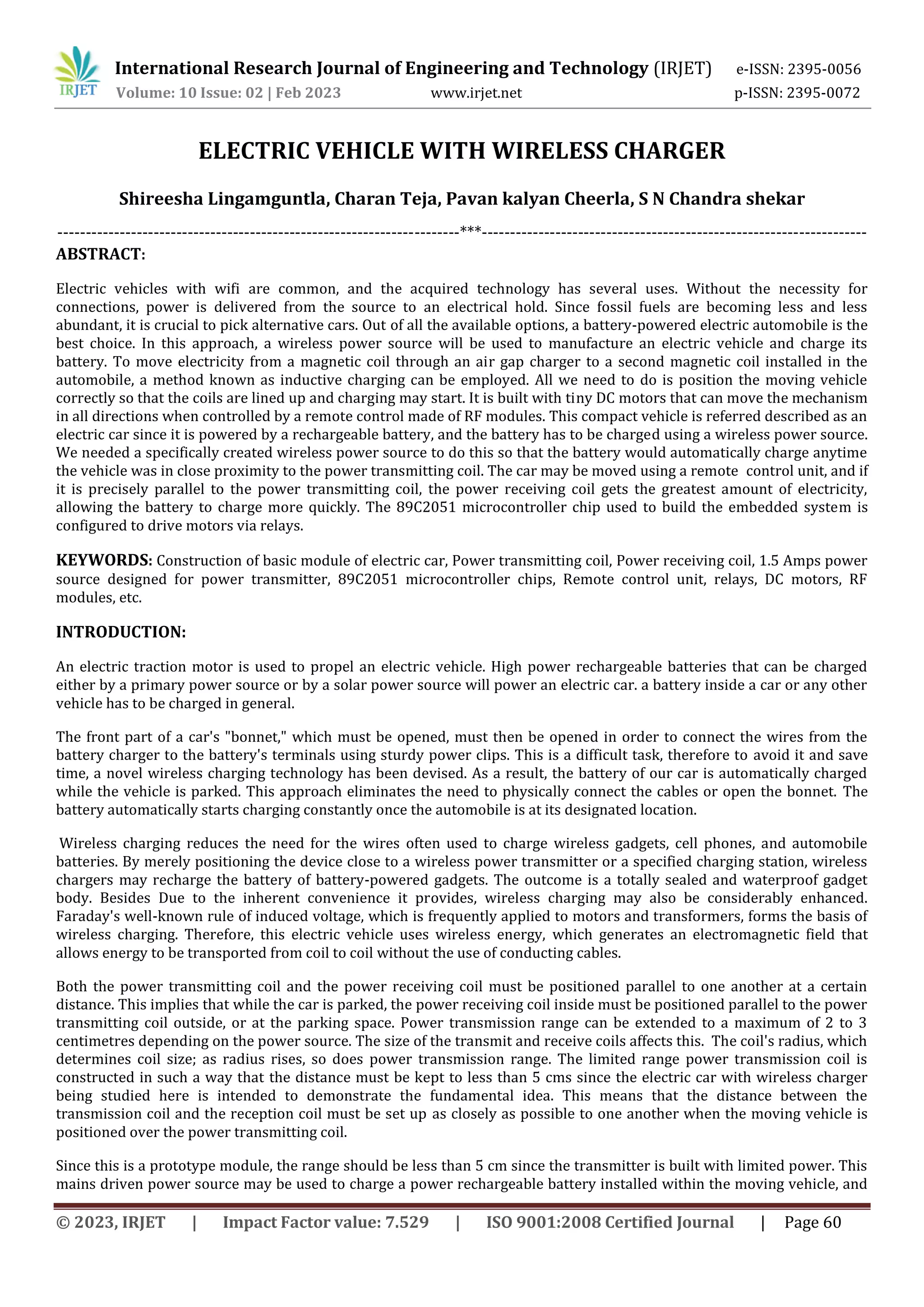 ELECTRIC VEHICLE WITH WIRELESS CHARGER | PDF