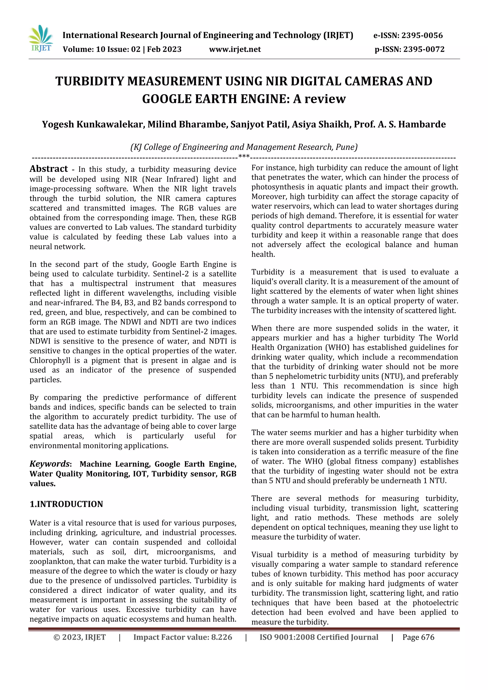 TURBIDITY MEASUREMENT USING NIR DIGITAL CAMERAS AND GOOGLE EARTH ENGINE: A review | PDF