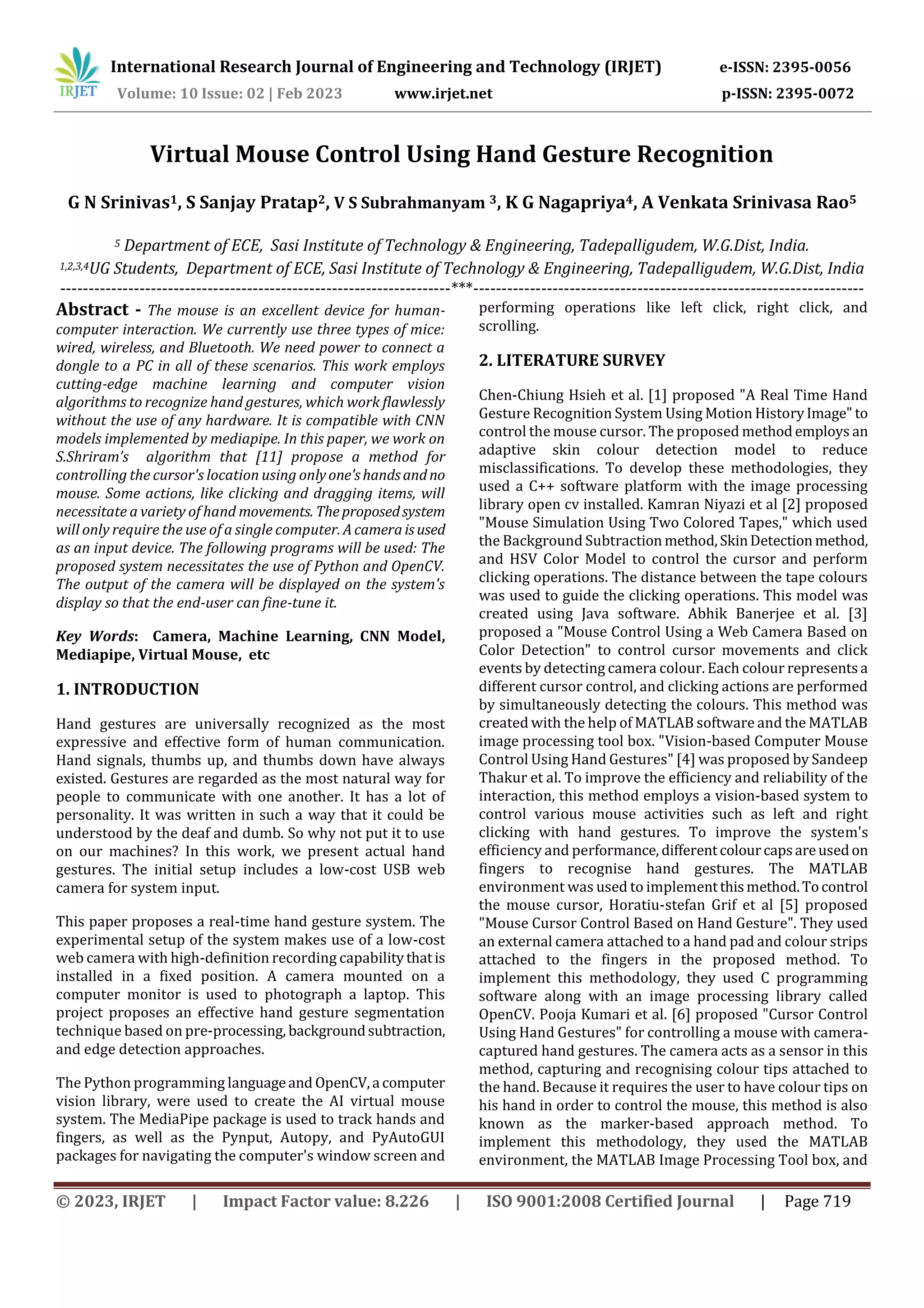 Virtual Mouse Control Using Hand Gesture Recognition | PDF