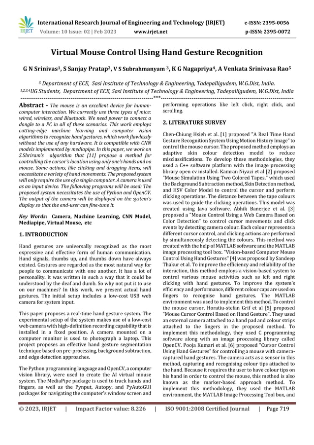 Virtual Mouse Control Using Hand Gesture Recognition | PDF