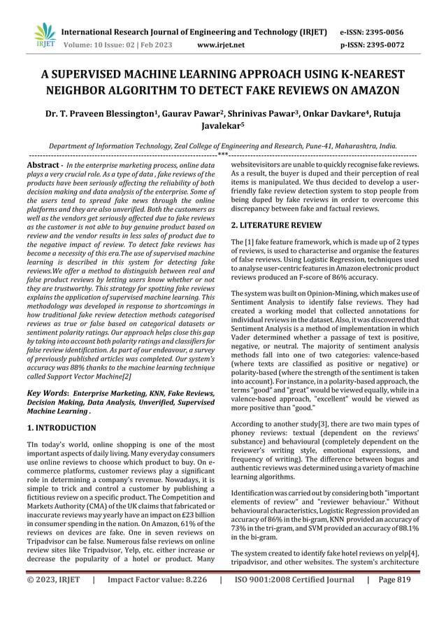 A SUPERVISED MACHINE LEARNING APPROACH USING K-NEAREST NEIGHBOR ALGORITHM TO DETECT FAKE REVIEWS ...