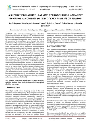 A SUPERVISED MACHINE LEARNING APPROACH USING K-NEAREST NEIGHBOR ALGORITHM TO DETECT FAKE REVIEWS ...