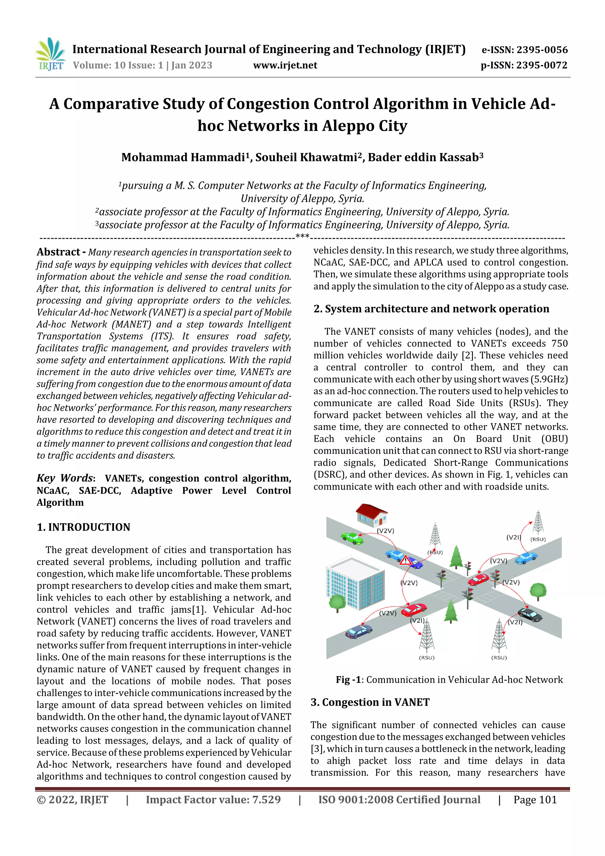 A Comparative Study of Congestion Control Algorithm in Vehicle Ad- hoc Networks in Aleppo City | PDF