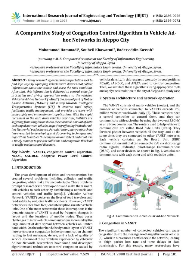 A Comparative Study of Congestion Control Algorithm in Vehicle Ad- hoc Networks in Aleppo City | PDF