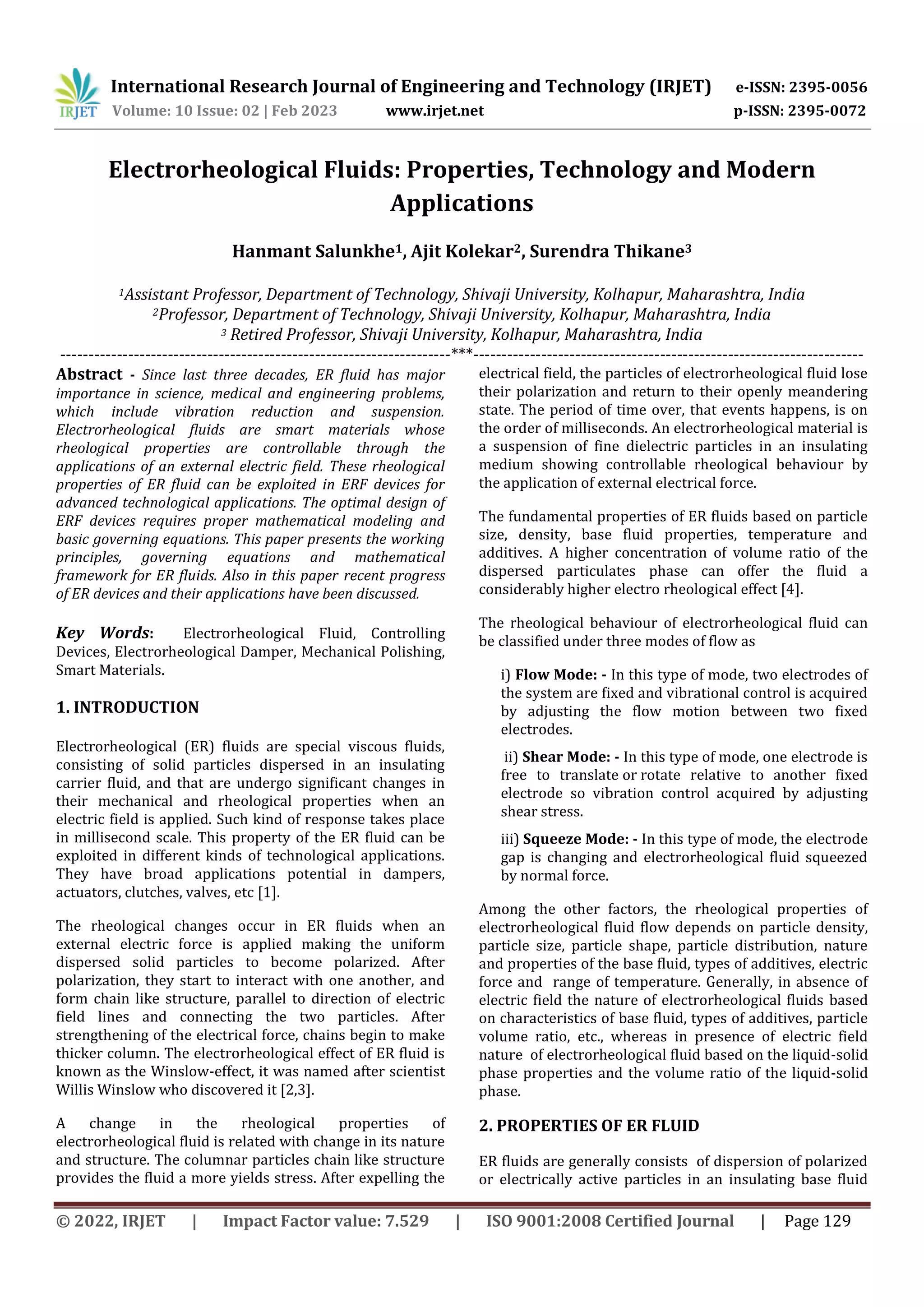 Electrorheological Fluids: Properties, Technology and Modern ...