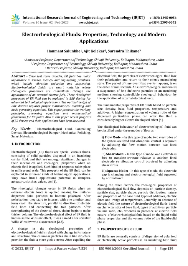Electrorheological Fluids: Properties, Technology and Modern ...