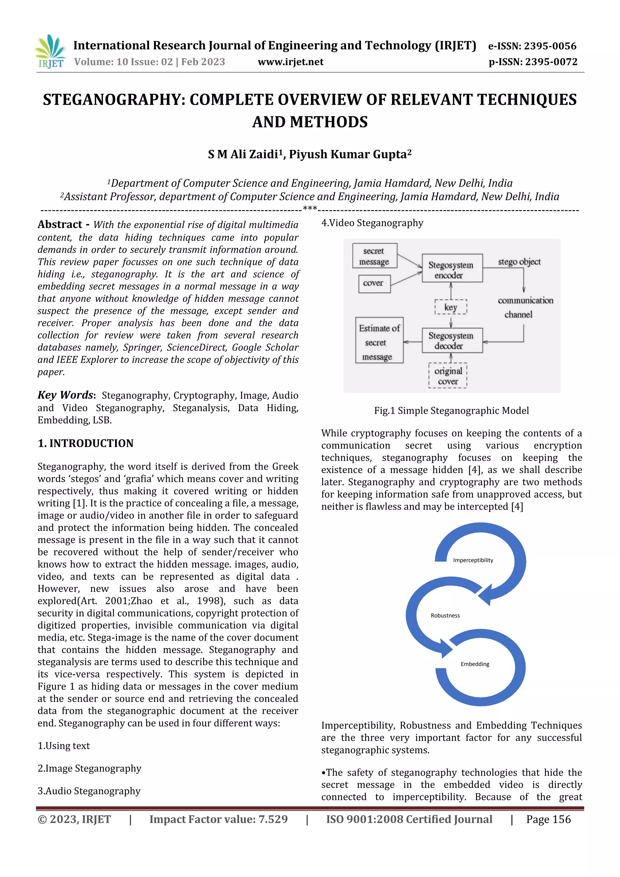 STEGANOGRAPHY: COMPLETE OVERVIEW OF RELEVANT TECHNIQUES AND METHODS | PDF