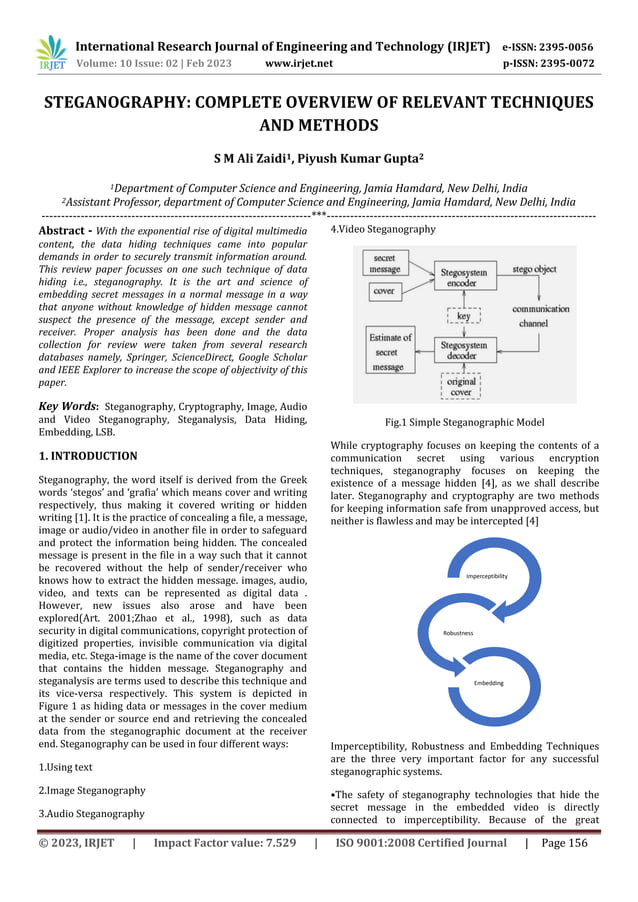 STEGANOGRAPHY: COMPLETE OVERVIEW OF RELEVANT TECHNIQUES AND METHODS | PDF