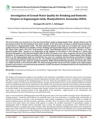 Investigation of Ground Water Quality for Drinking and Domestic Purpose in Nagamangala taluk ...