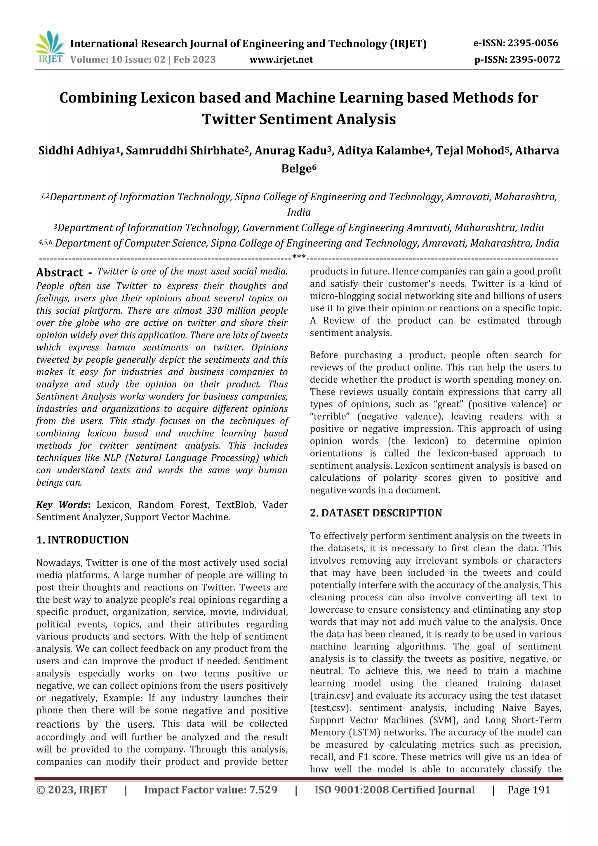 Combining Lexicon Based And Machine Learning Based Methods For Twitter Sentiment Analysis Pdf