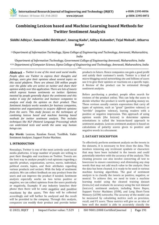 Combining Lexicon based and Machine Learning based Methods for Twitter Sentiment Analysis | PDF