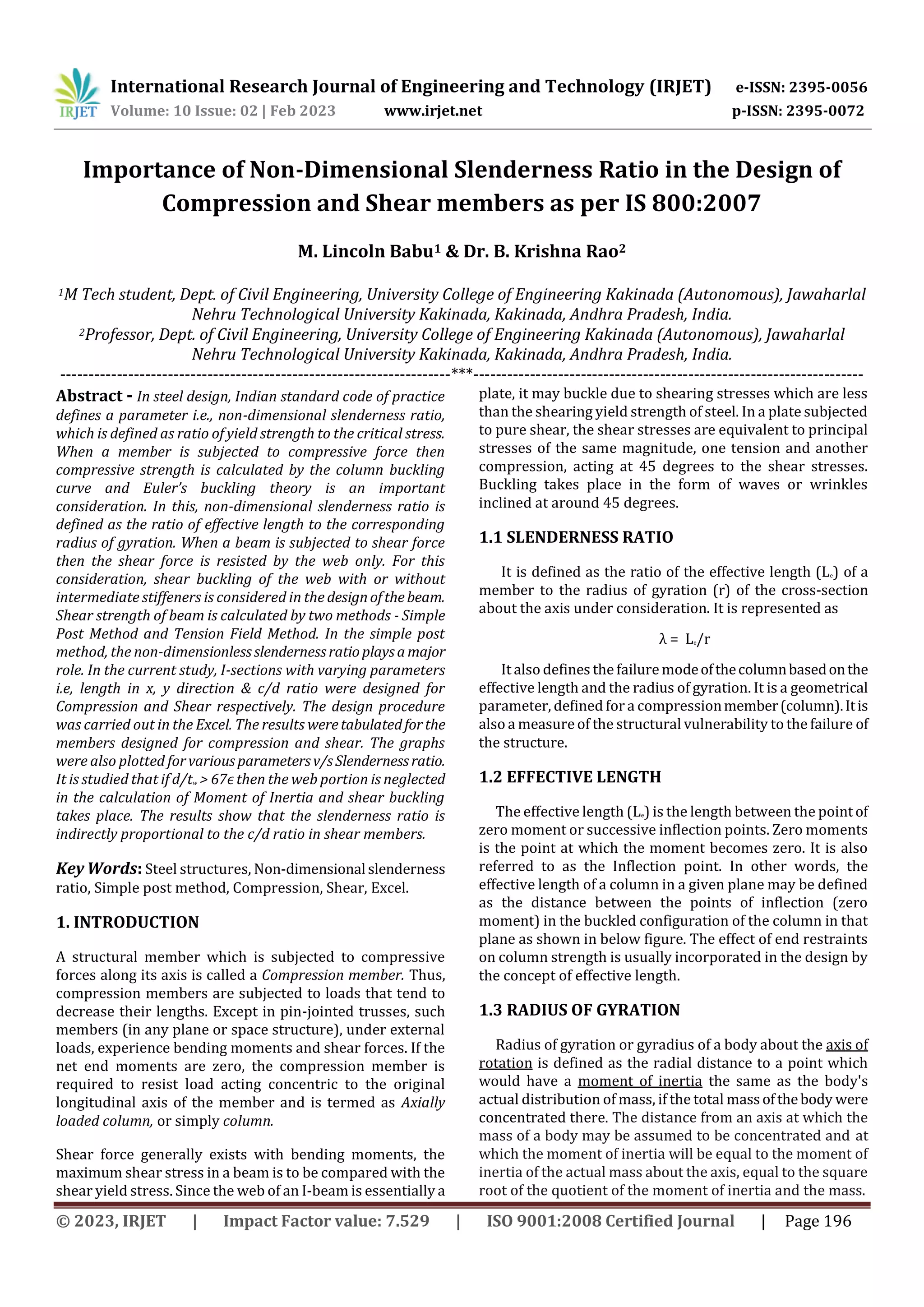 Importance of Non-Dimensional Slenderness Ratio in the Design of Compression and Shear members ...